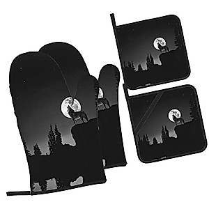 Wolf Night Moon Oven Mitts and Pot Holders Sets,Multi-Function Kitchen Pot Holders with Pocket (4 Pcs)