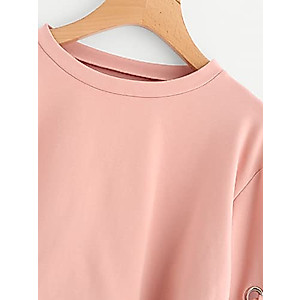SweatyRocks Women's Casual Lace up Long Sleeve Pullover Crop Top Sweatshirt Solid Pink Small