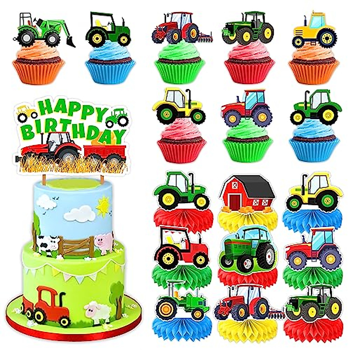 34 PCS Red Green Farm Tractor Table 9 PCS Honeycomb Centerpieces Themed Birthday And 25 PCS Cake Topper Cupcake Toppers Decorations Supplies Favors For Kids Boys Girls Teen Baby Shower Photo Booth