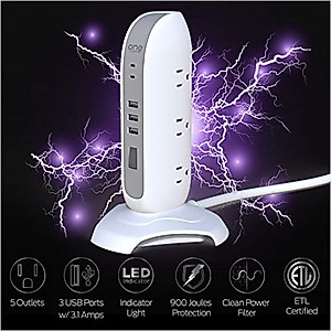 One Power by Promounts Desktop Power Strip Tower Surge Protector, 5 Outlets 3 3.1A USB Chargers, 900 Joules, LED Indicator, 6 ft Cable, Space-Save Flat Plug for Smartphone, Tablet, Laptop, Power Bank