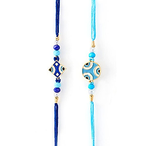 HATHKAAM Set of 2 Designer Evil Eye Blue Rakhi | Traditional Handmade Rakhi for Brother Bhai | Rakhi Bracelet for Bhaiya Combo Gift made with fine Threads for Rakhsha Bandhan (HKR2006)