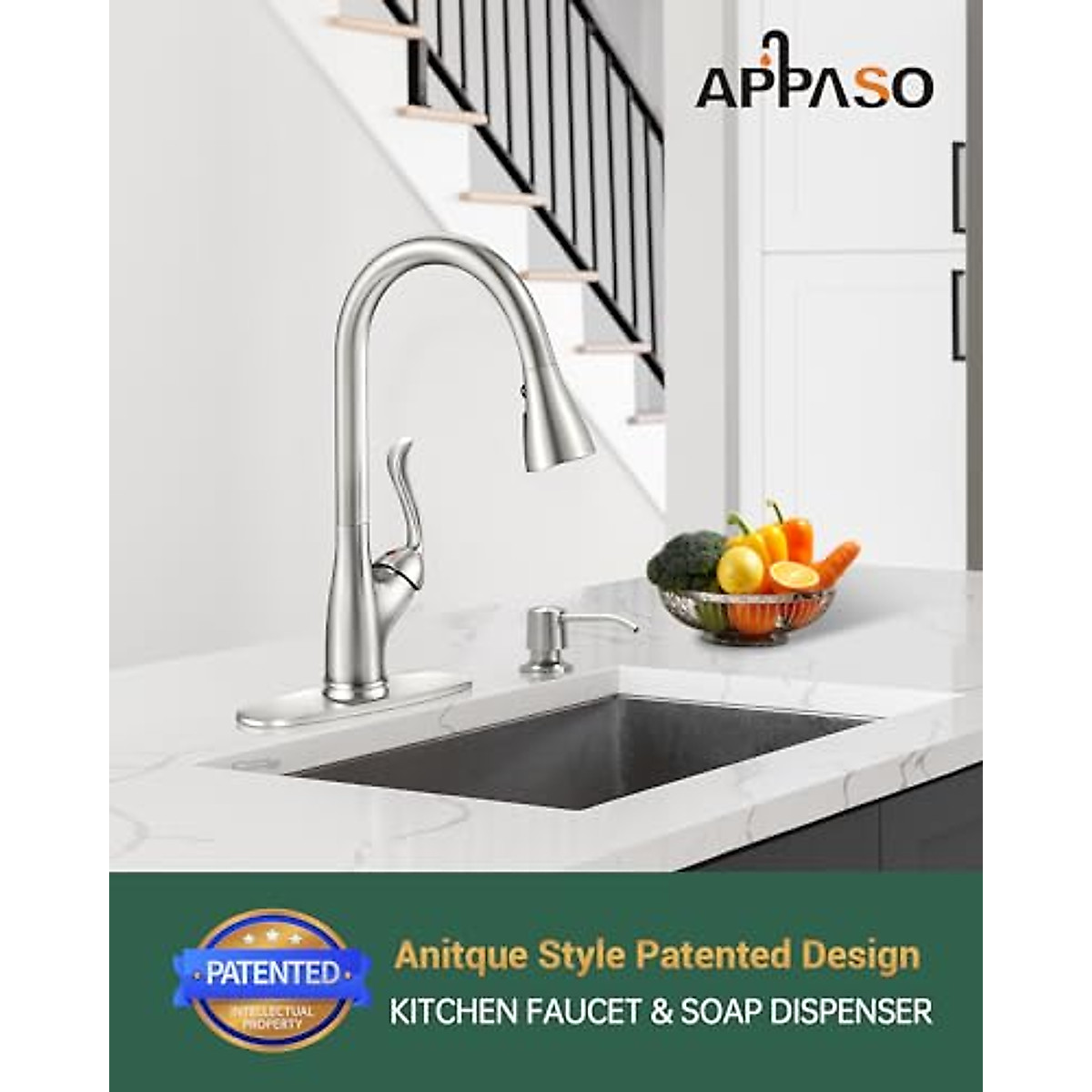 APPASO Patented Kitchen Faucet with Pull Down Sprayer and Soap Dispenser - Single Handle Stainless Steel Brushed Nickel High Arc Pull Out Kitchen Sink Faucets with Deck Plate