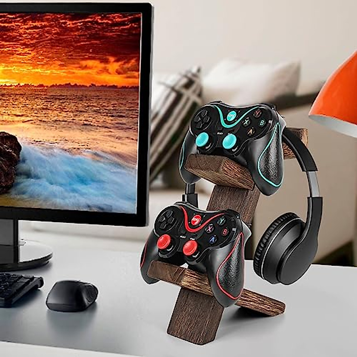BEARUT Game Controller Holder Headset Stand 2-Tier Universal Controller Gaming PC Accessories Storage Rack Headphone Stand for Xbox Series PS5 PS4 by Wood
