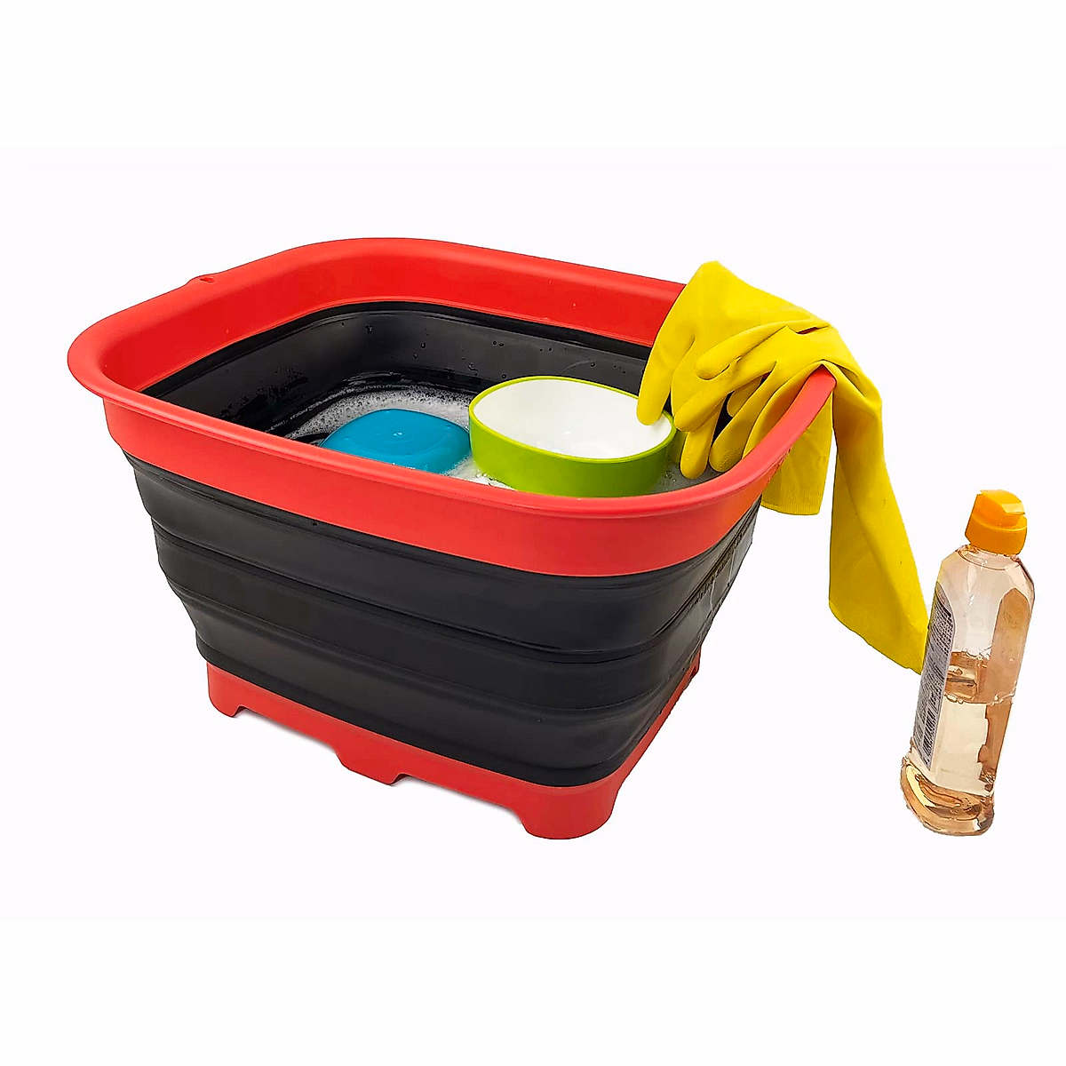 SAMMART 15L (3.9 Gallon) Collapsible Dishpan with Draining Plug - Foldable Washing Basin - Portable Dish Washing Tub - Space Saving Kitchen Storage Tray (Vermeil/Black)