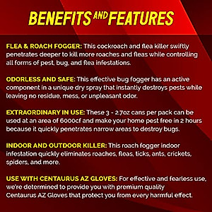 Bengal Concentrated Roach &Flea Fogger - Roach Killer Indoor Infestation Spray - Flea Foggers for Home Indoor - Bug Spray - Pest Control -Available with Premium Quality Centaurus AZ Gloves- 3-2.7oz
