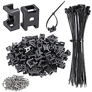 XHF 100 Pcs Cable Zip Tie Saddle Type Mounts Base with 100 Pcs 8" Cable Ties and 100 Pcs Tapping Screw, Wire Cable Clips Organizer Holders Clamps Black