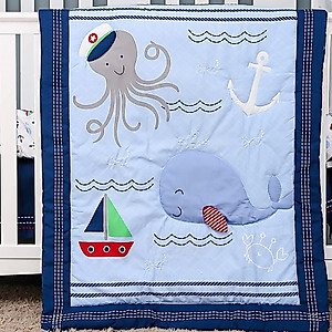 Brandream Ocean Baby Crib Bedding Set for Boys with Nautical Whale Octopus Anchor Coastal Undersea Theme, 3pcs