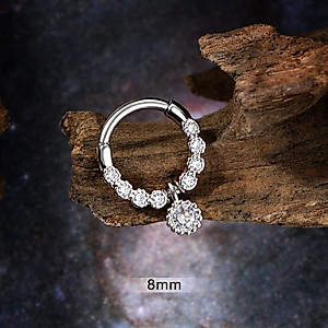 CM Crareesi Mania Dangle Septum Ring 8mm Clear Septum Jewelry 316L Stainless Steel Daith Piercing Jewelry 16G Septum Dangle Nose Rings for Women Cartilage Helix Earrings