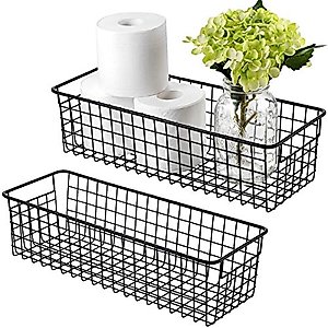 Sheechung Farmhouse Decor Metal Wire Storage Organizer Bin Basket(2 Pack) - Rustic Toilet Paper Holder - Storage Organizer for Bathroom, kitchen cabinets,Pantry, Laundry Room, Closets, Garage (Black)