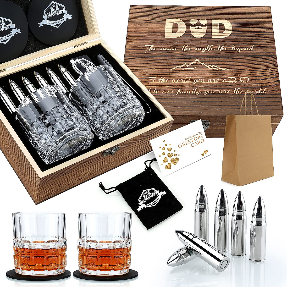 Whiskey Gifts for Men Dad, Best Birthday Gift Ideas for Men from Daughter Son, Stainless Steel Whiskey Stones & Glasses Set, Bourbon Gifts for Men Him Dad Christmas Retirement