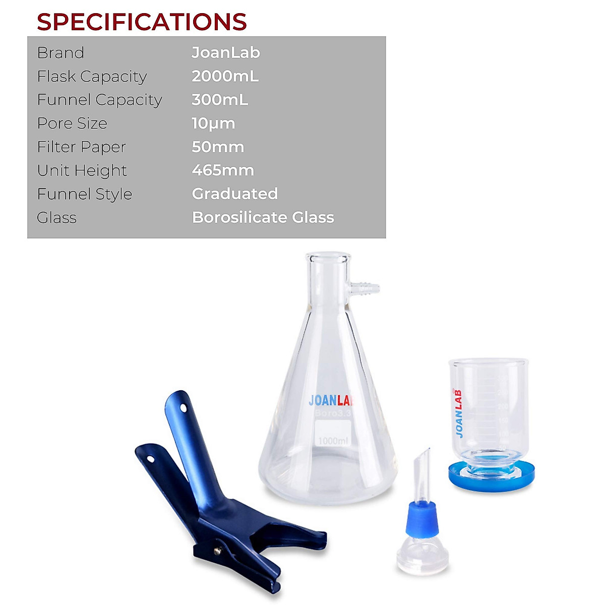 2000mL Lab Vacuum Filtration Apparatus, 2000mL Filtering Flask, 300 mL Graduated Funnel with 1 Year Warranty