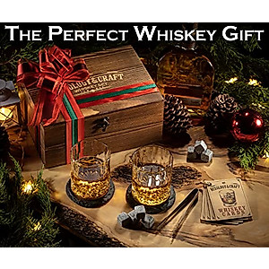 Mixology & Craft Whiskey Stones Gift Set for Men | Pack of 2, 10 oz Whiskey Glasses w/ 8 Granite Chilling Rocks, 2 Slate Coasters, Cocktail Cards in a Rustic Wooden Crate | Whiskey Essentials