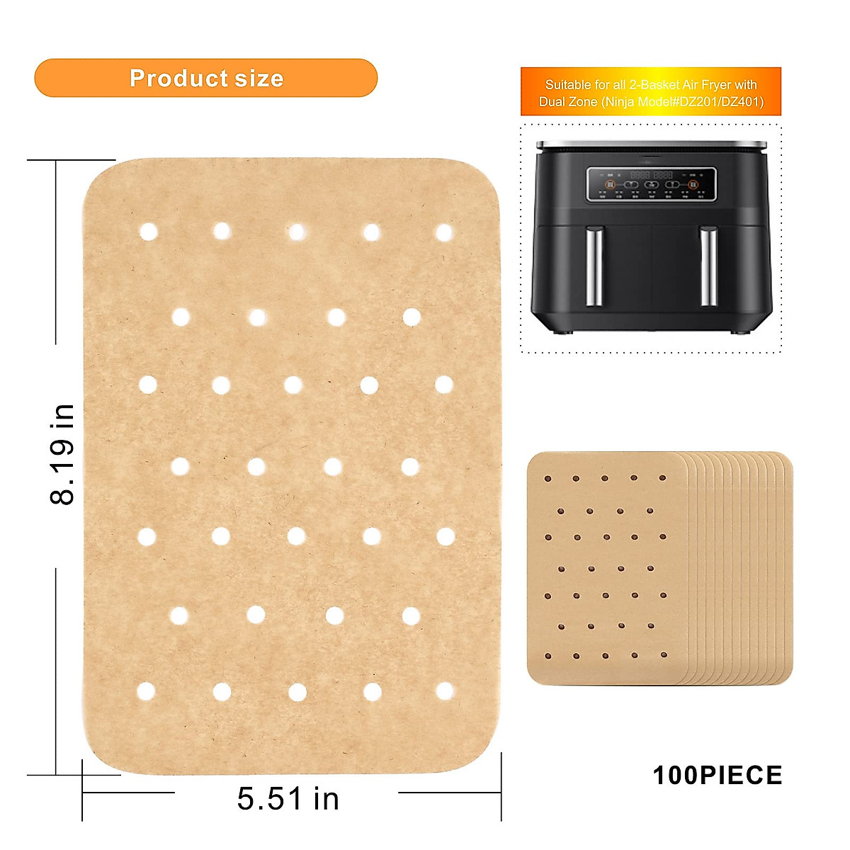 CUTIECLUB 2pcs Silicone Pot and 100pcs Disposable Liners Paper Set for Ninja DualZone XL/Dual Air Fryer, Rectangle Basket with Finger Holder and Clip