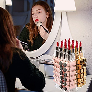 display4top Lipstick Holder, Acrylic Rotating 64 Lipstick Tower Organizer, 360 Degree Spinning Lipstick Tower Lipgloss Stand with Removable Dividers