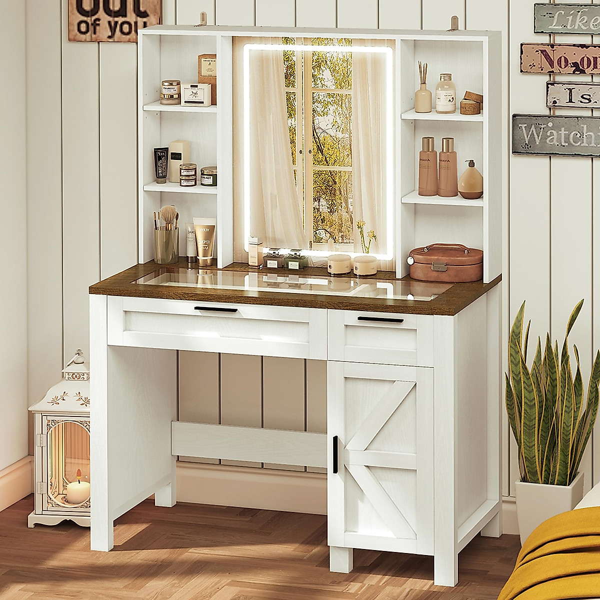 usikey Farmhouse Makeup Vanity Desk with Mirror and Lights, Glass Tabletop Makeup Vanity with Adjustable Shelves, Vanity Table Set with 2 Drawers and Side Cabinet for Bedroom, White