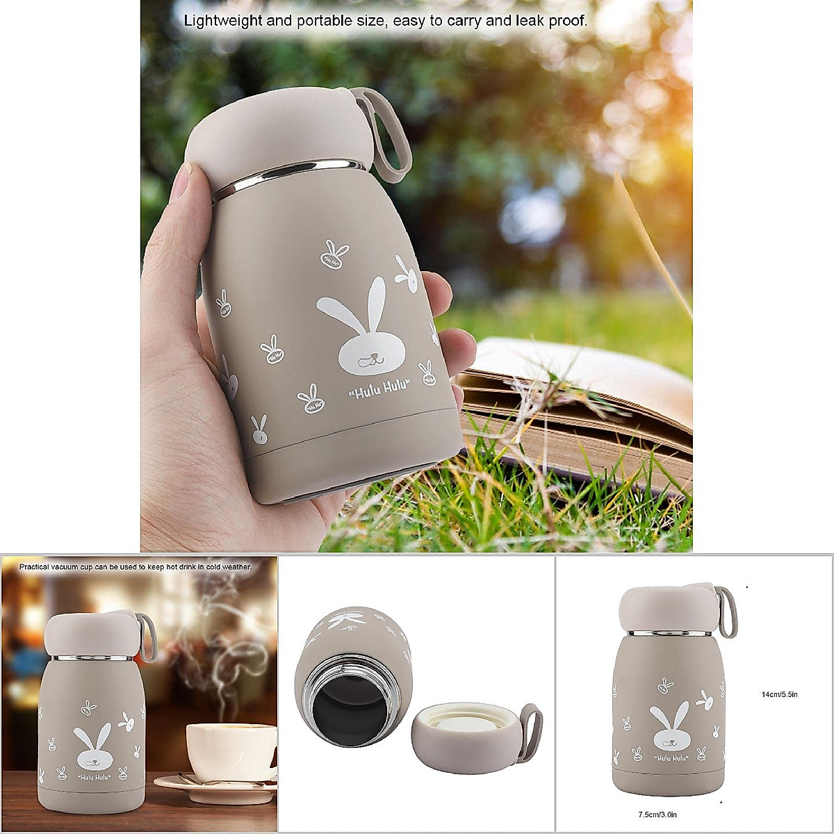 Stainless Steel Water Bottle, Cute Rabbit Pattern Vacuum Cup Mug Thermos Cup Water Bottle Leak Proof Sport Tumbler Cup Hot and Cold Water Bottle for Women Girls Kids Gift(Coffee)
