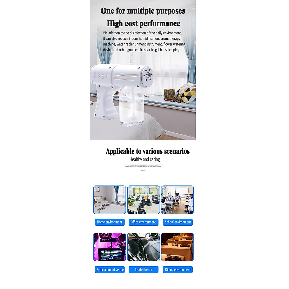 binglan Nano Atomization Disinfection Gun, Rechargeable Portable Handheld with 380ml Capacity Blue Light Spray Disinfection Gun,for Home,Office,School,Disinfection and Other Places,White