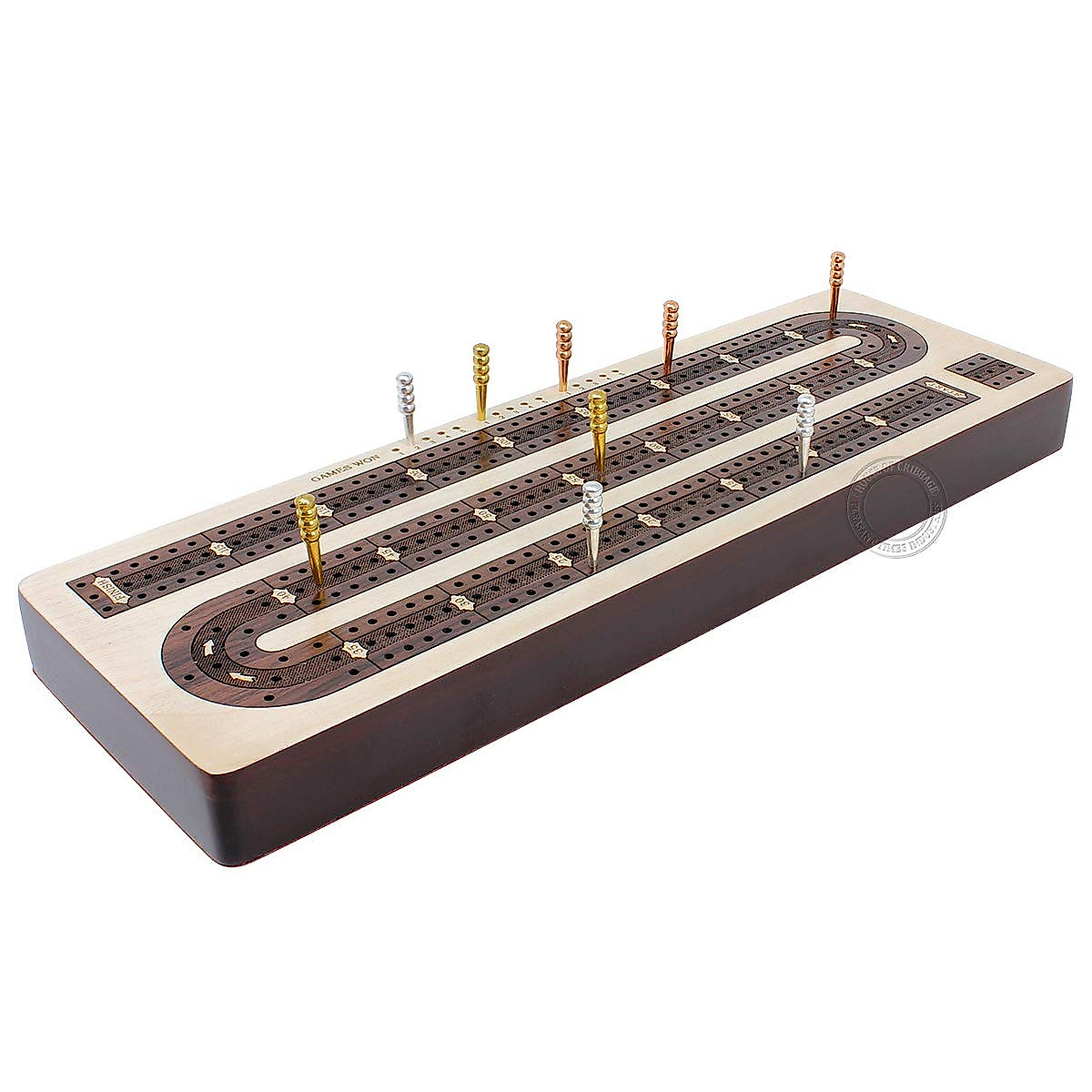 House of Cribbage - 3 Track Continuous Cribbage Board Inlaid in Rosewood - Maple Wood - Size: 12.5 Inches - Storage Drawer for Cribbage Pegs