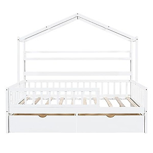 Kids House Bed with 2 Drawers and Shelf, Full Size House Bed Frame with Roof Design and Safety Guardrail, Montessori Bed for Girls Boys Bedroom Furniture, No Box Spring Needed (White + Wood-24)