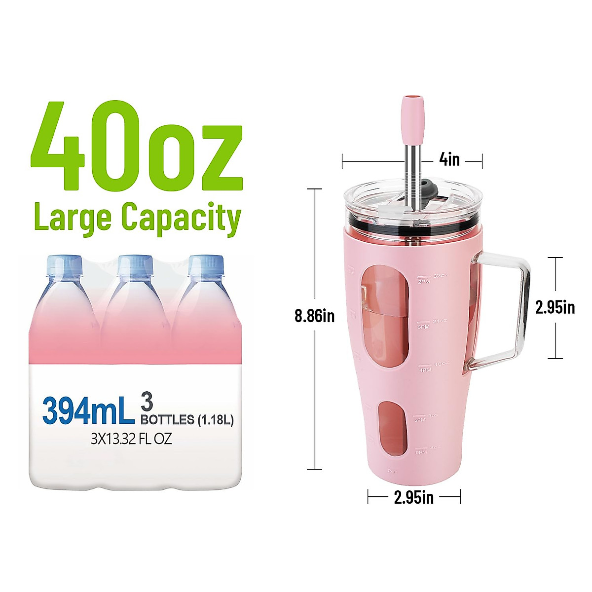 Zenbo 40oz Iced Coffee Cup with Handle, Glass Tumbler with Straw and Lid, BPA-Free Silicone Sleeve