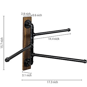 MyGift 17.3 Inch Wall Mounted Bathroom Swivel Towel Rack on Rustic Burnt Solid Wood Board, 3 Tier Industrial Black Metal Pipe Bars with 180 Degree Swing for Towels