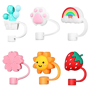 Silicone Straws Silicone Straw Tips Cover 6pcs Cute Straw Cover Caps Cartoon Drinking Straw Tips Lids for 6-8mm Straws Reusable Straw Plugs Straw Cup Accessories Silicone Straws Reusable