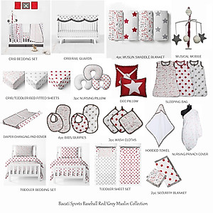 Bacati - Muslin Sports 4 Piece Boys Toddler Bedding Set 100 Percent Cotton Includes Reversible Comforter, Fitted Sheet, Top Sheet, and Pillow Case (4 pc Toddler Bedding Set, Baseball Red/Grey)
