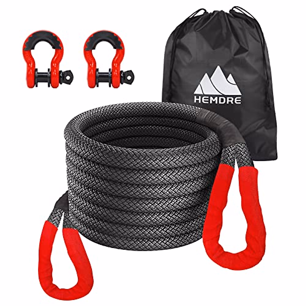 HEMDRE 1" x 30' Kinetic Recovery Tow Rope (36,500lbs), with 2 D Ring Shackles (41,500lbs), Tow Rope for Truck Heavy Duty, Offroad Recovery Kit for 4WD Pick Up Truck, SUV, ATV, UTV (Black)