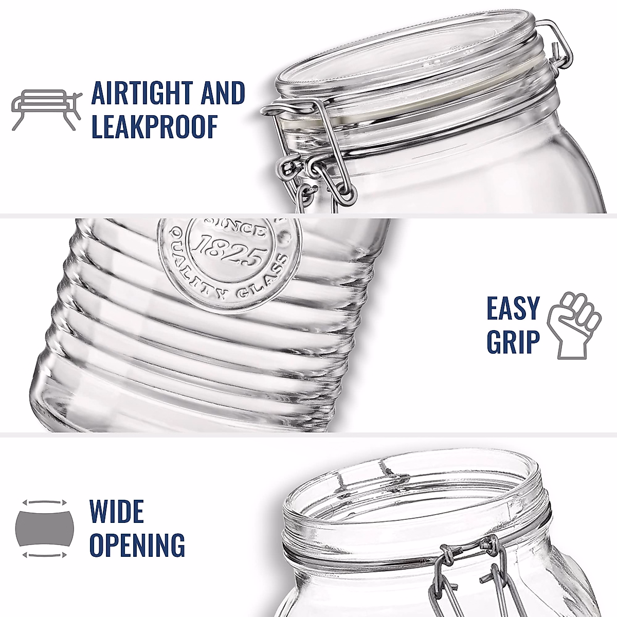 Bormioli Rocco Officina 1825 Variety Pack, Set Of 3 Glass Jars (33.75 Oz. 25.25 Oz. 17 Oz.), Wide Opening, With Airtight Hinged Lid, clear, Made In Italy.