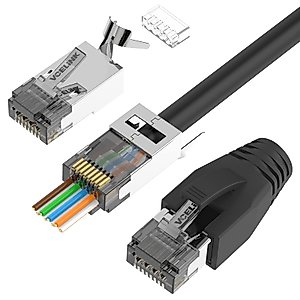 VCELINK CAT6A Connector, RJ45 Connectors Pass Through CAT6A CAT7 Shielded 20-Pack, UL-Listed 3-Prong 50μ Gold Plated, CAT7 Connector with Strain Relief Boots Black (Gen 2)