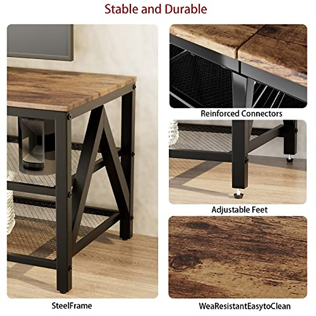 Katrawu TV Stand for TV up to 65 Inch, Long 55" TV Cabinet with 3-Tier Storage Shelves,Entertainment Center TV Console Table for Living Room with Industrial TV Metal Frame, Rustic Brown