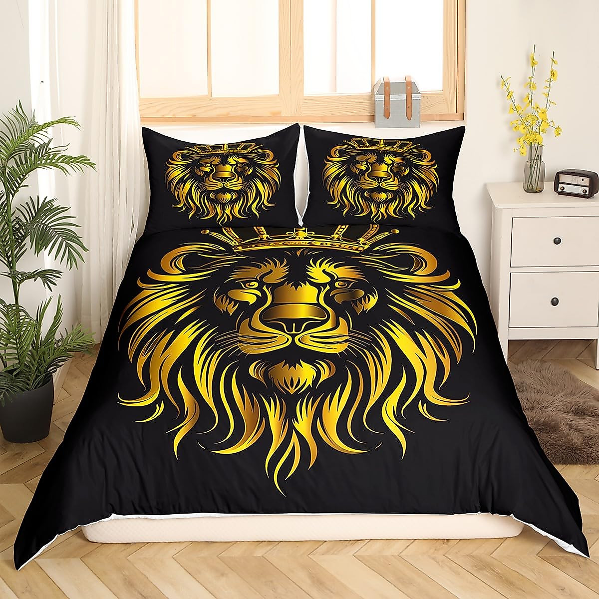 Castle Fairy Gold Roaring Lion Print Bedding Cover King Wild Animal King Comforter Sets for Adults Black Base 3 Pieces Duvet Sets(1 Duvet Cover 2 Pillow Cases),No Comforter