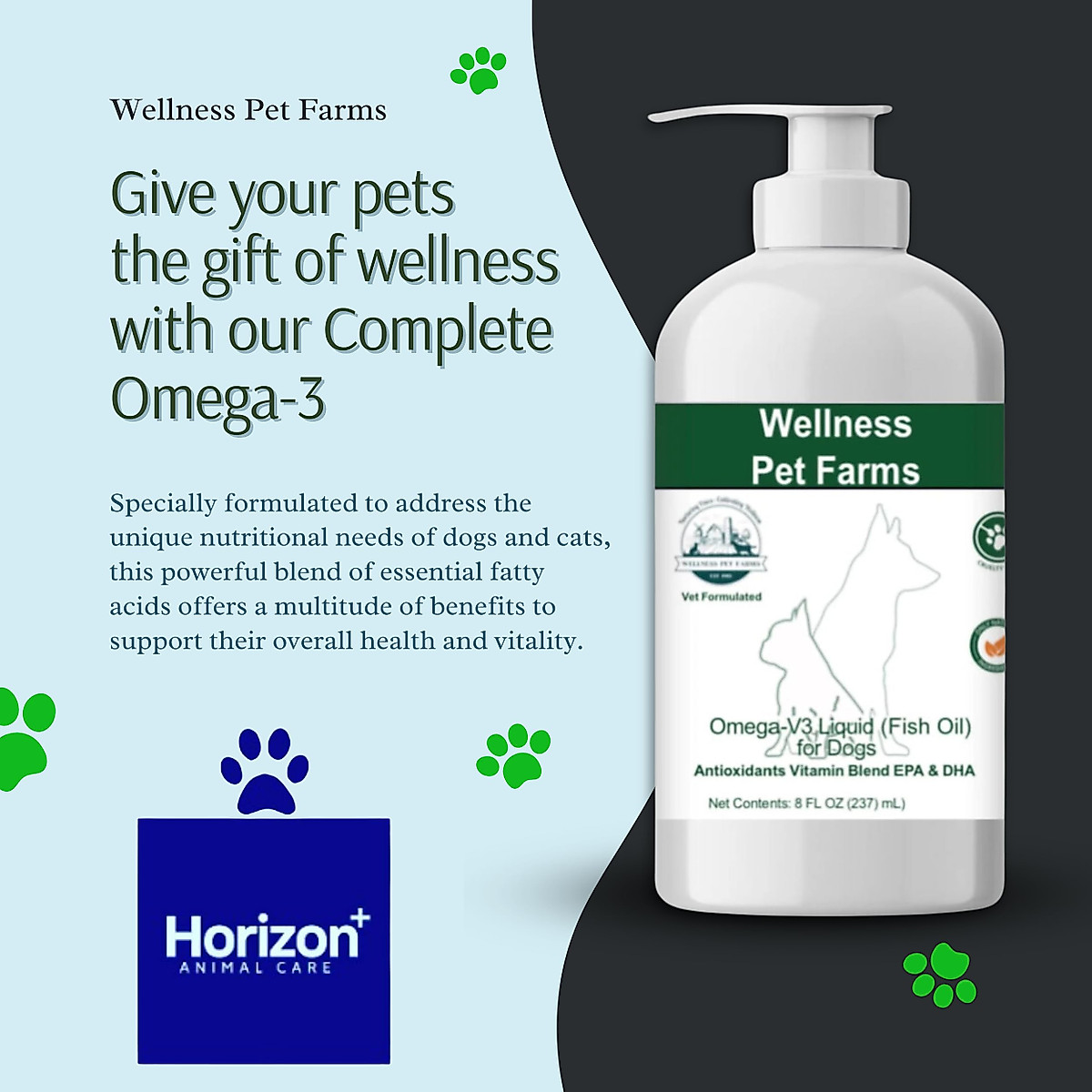 Horizon Animal Care Omega V3 Fish Oil for Dogs & Cats - Liquid Supplement with EPA DHA Essential, Omega-3 Blend Promoting Skin, Coat, and Joint Health Natural Pets - 8 oz Bottle