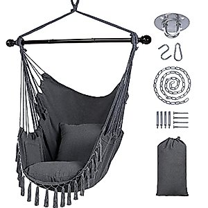 SUNCREAT Hammock Chairs Hammock Chair Swing with Steel Support Bar, Side Pocket, Large Swing Chair for Bedroom, Patio, Garden, Dark Gray