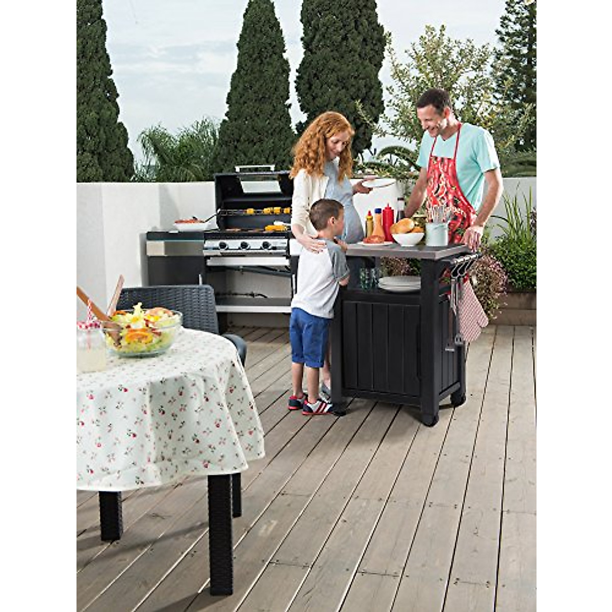 Keter Unity Portable Outdoor Table and Storage Cabinet with Hooks for Grill Accessories-Stainless Steel Top for Patio Kitchen Island or Bar Cart, Dark Grey
