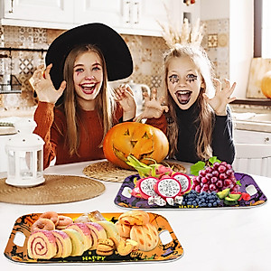 gisgfim 2Pcs Halloween Serving Trays 16.1 X 11.1 Inch Large Melamine Platters with Handles, Orange Purple Castle Pumpkin Bat Food Trays Halloween Movie Night Snack Trays Birthday Party Serving Dishes