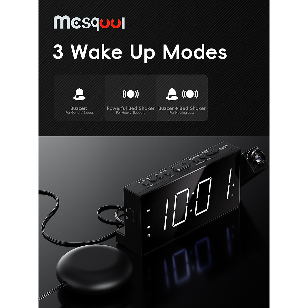 Projection Digital Alarm Clock with Bed Shaker for Bedroom, Extra Loud Alarm Clock for Heavy Sleeper, 180° Rotable Ceiling Projector Clock,2 Alarm,5 Dimmer Volume,USB Charger, Battery Backup,12/24H…