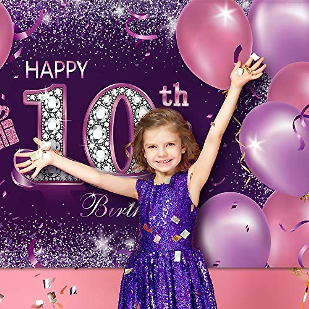 Happy Birthday Party Decorations, Large Fabric Pink Purple Happy 10th Anniversary Birthday Sign Banner Photo Booth Backdrop Background with Rope for Girls Birthday Party Favor, 72.8 x 43.3 Inch