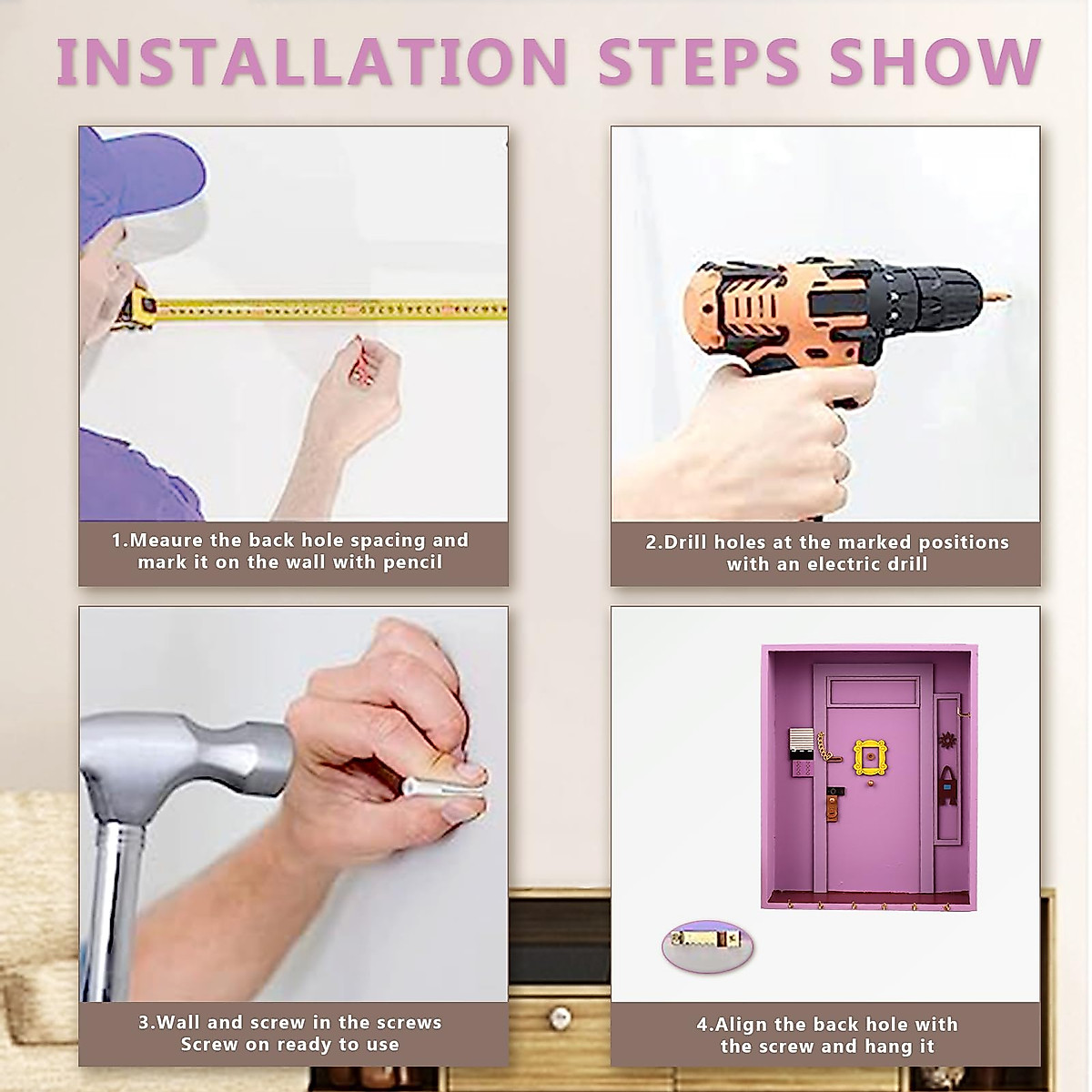 Qivine Friends Key Holder,Door Frame for Wall TV Show Merchandise Keychain Holder Door Hanger with 6 Metal Hooks for Wall Entryway,Bathroom,Living Room (Purple)