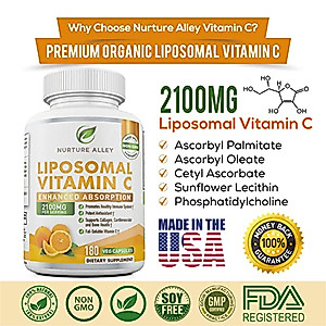 Nurture Alley Liposomal Vitamin C 2100mg- 180 Capsules High Absorption Ascorbic Acid - Supports Immune System and Collagen Booster - Powerful Antioxidant High Dose Fat Soluble Supplement