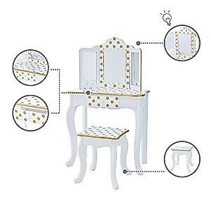 Fantasy Fields Teamson Kids Pretend Play Kids Vanity Table and Chair Vanity Set with LED Mirror Makeup Dressing Table with Drawer Fashion Polka Dot Prints Gisele Play Vanity Set White/Gold