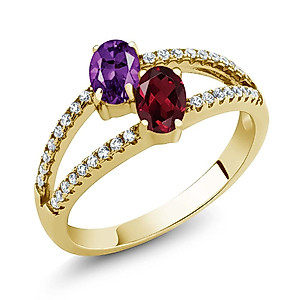 Gem Stone King 1.26 Ct Amethyst Rhodolite Garnet 2 Stone 18K Yellow Gold Plated Silver Ring (Size 7)