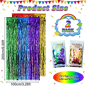 2 Pack 3.3X6.6Ft Rainbow Wavy Foil Fringe Curtains Backdrop Decorations, Rainbow Metallic Tinsel Foil Streamers Photo Booth Background for Birthday Wedding Engagement Bridal Shower Party Decorations