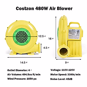 Costzon Air Blower, 480W Bounce House Blower, Pump Fan Commercial Inflatable Bouncer Blower, Air Blower for Inflatables, Perfect for Inflatable Bounce House, Waterslide, Bouncy Castle (480 Watt 0.6HP)