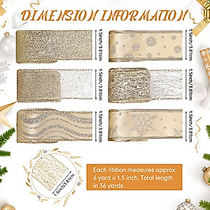 Jutom 6 Rolls Champagne Christmas Ribbon Wired 1.5 Inch Gold Christmas Tree Ribbon Glitter Mesh Ribbon Satin Snowflake Ribbon for Crafts, Gift Wrapping, Tree, Wreaths, Garland Total 36 Yard