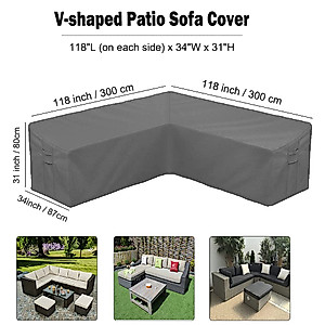 SUNSURE Patio L-Shaped Sectional Sofa Cover Waterproof Outdoor Furniture Cover 420D Heavy Duty V-Shaped Sectional Couch Cover Gray Lawn Garden Furniture Set Covers with Buckle Strap (V118x118in)