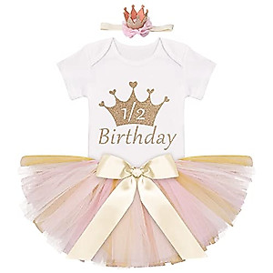My 1/2 1st Birthday Outfit Baby Girls Shiny Crown Romper + Ruffle Tulle Skirt + Sequins Crown Flower Headband Glitter Party Dress up 3PCS Photo Cake Smash Clothes Set Gold 1/2 Birthday 3-6 Months