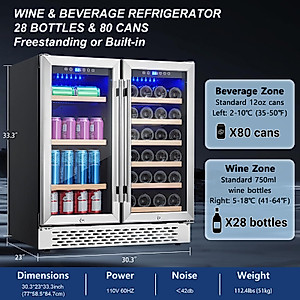 GarveeHome Wine and Beverage Refrigerator - 28 Bottles and 80 Cans, Dual Zone, Glass Door, Adjustable Shelves, with Lock, Digital Temperature Control, Freestanding/Built-in