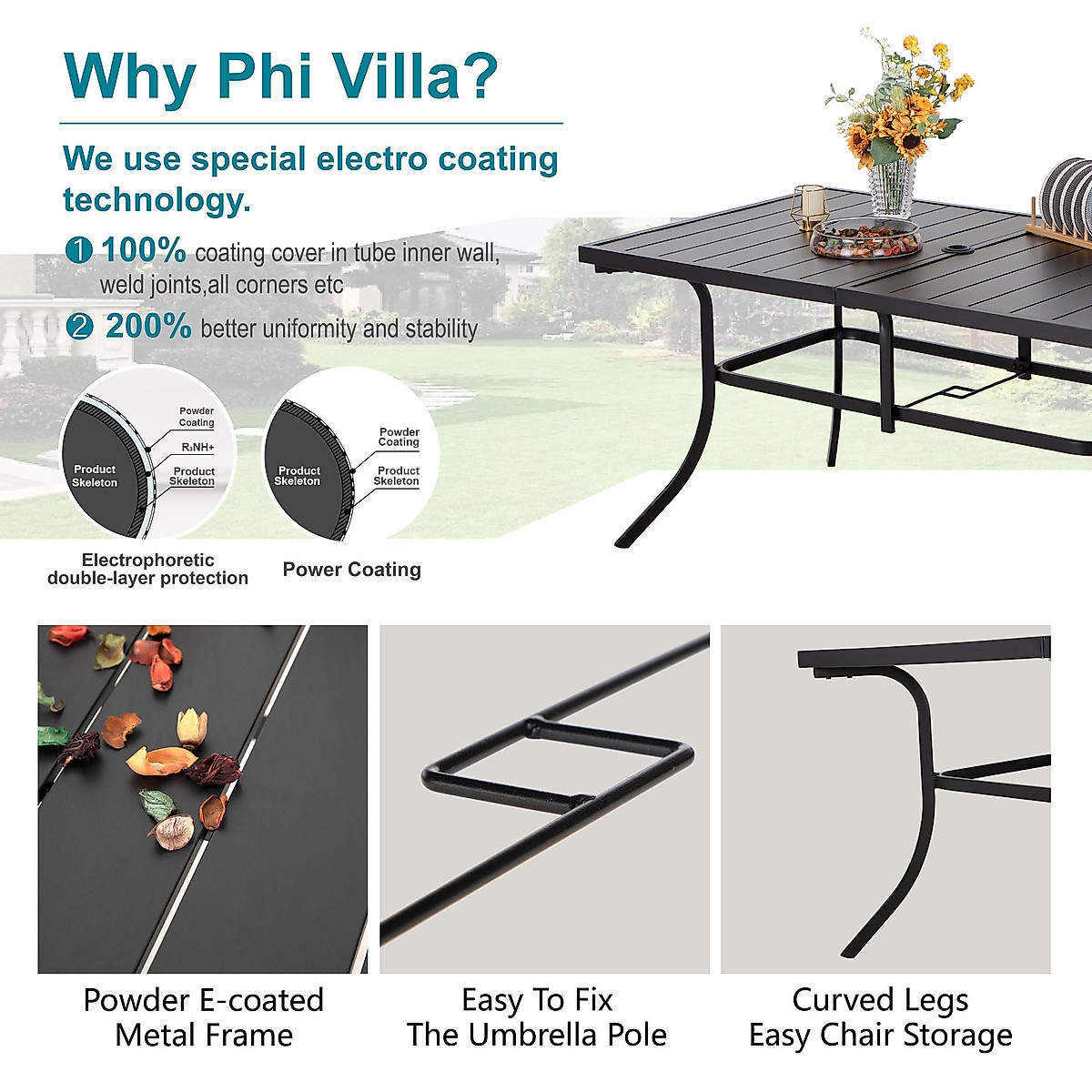 PHI VILLA 7 Piece Outdoor Dining Set with Umbrella, Patio Furniture Dining Set with Foldable Patio Chairs & Outdoor Table for Yard & Garden