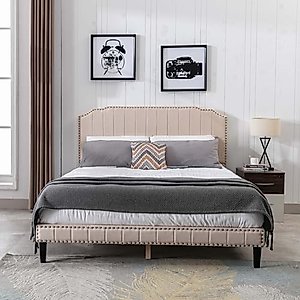 Shuoya Jewelry Queen Size Platform Bed Frame with Headboard and Nailhead Decor, Modern Linen Curved Platform Bed, Sturdy Solid Wood Frame Support, No Box Spring Bed for Boys Girls Bedroom (Beige)